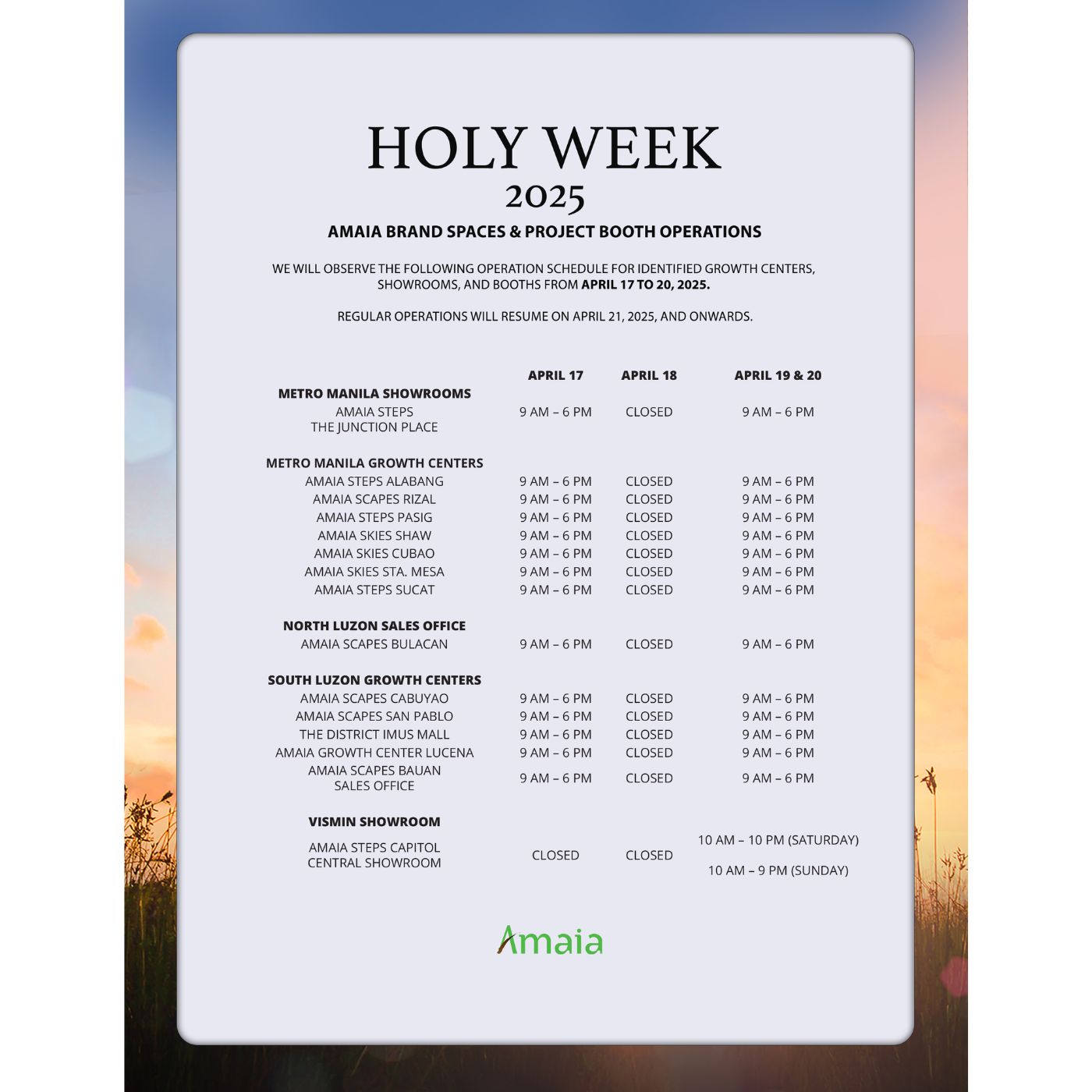 Amaia Land Holy Week Advisory